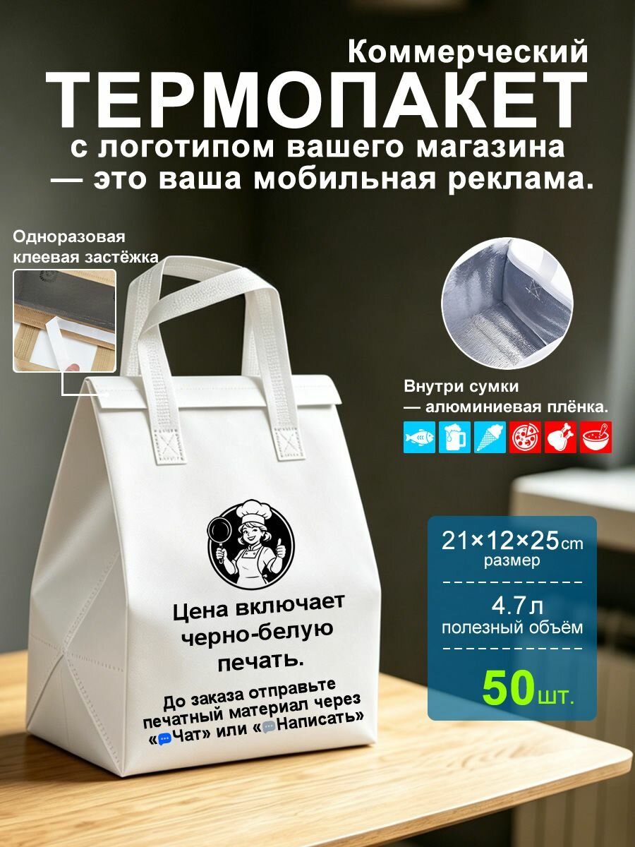 Термопакет белый 21x12x25 см, 50 шт, 80 мкм
