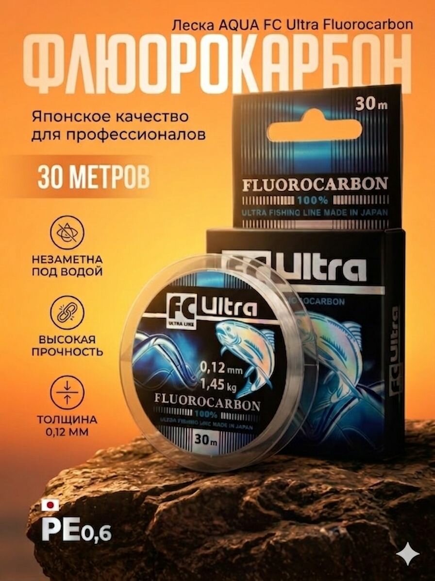 Флюорокарбон 100% AQUA FC Ultra 0.12мм, 30м, 1.45кг. Леска для ультралайта и микроджига, поводковая леска на окуня и карася, прозрачная тонущая