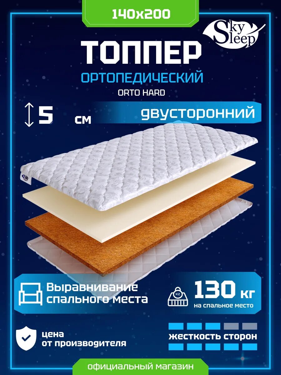 Топпер 140×200 см SkySleep Кокос + Ortofoam, матрас на диван, двуспальный, кокос, беспружинный