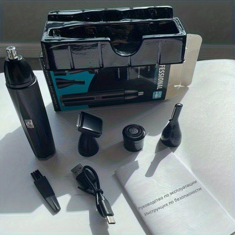 Набор профессиональных машинок для стрижки волос 4 в 1, USB-перезаряжаемый триммер для носа и ушей, мужской инструмент для ухода за бровями и бритья, черный, аккумулятор 500 мАч