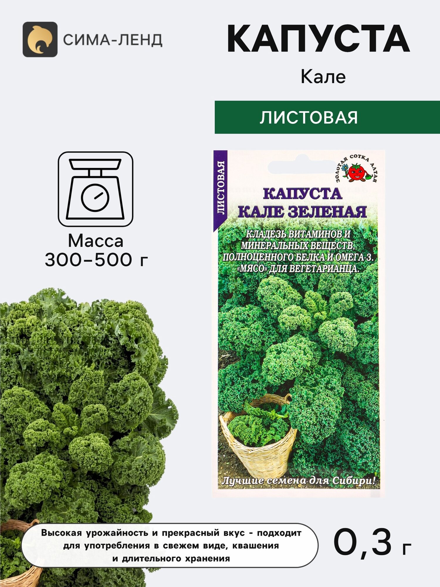 Семена Капуста «Кале зелёная листовая», 0.3 г, «Золотая Сотка Алтая»