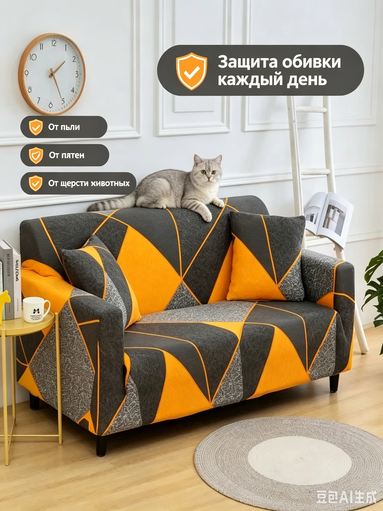 Чехол на мебель для дивана 230x190 см на резинке геометрический оранжевый