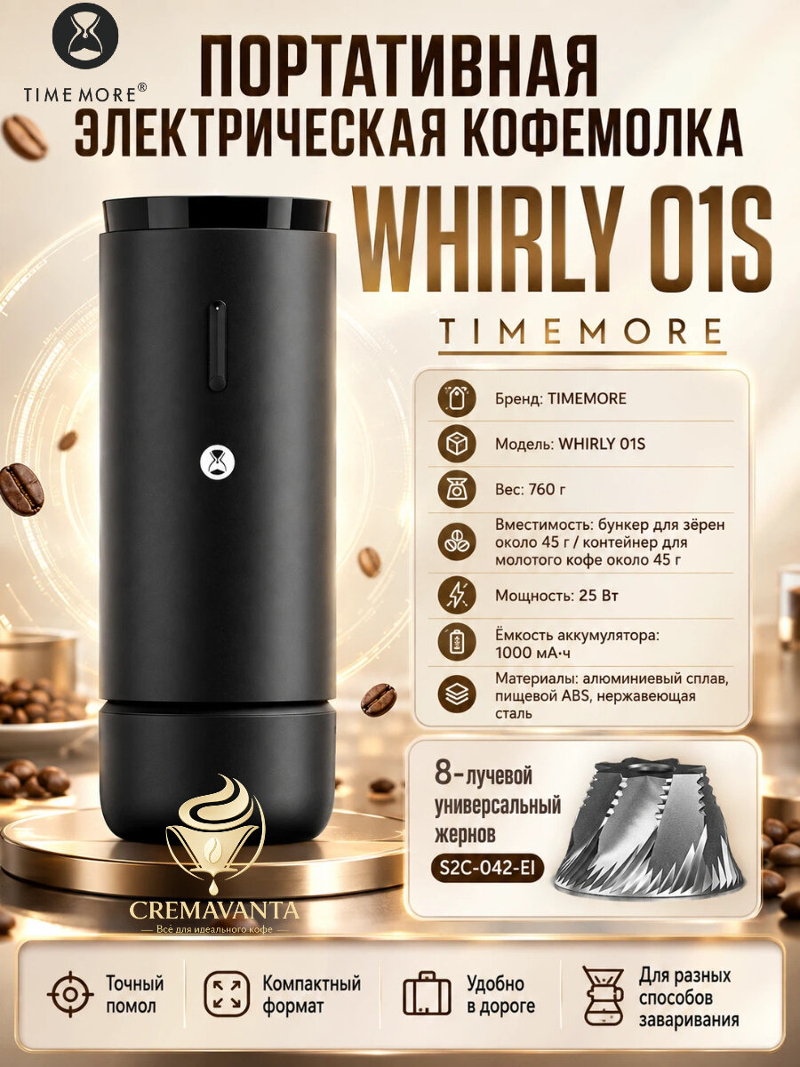 Кофемолка портативная электрическая Timemore Whirly 01S, 25 Вт, регулировка помола