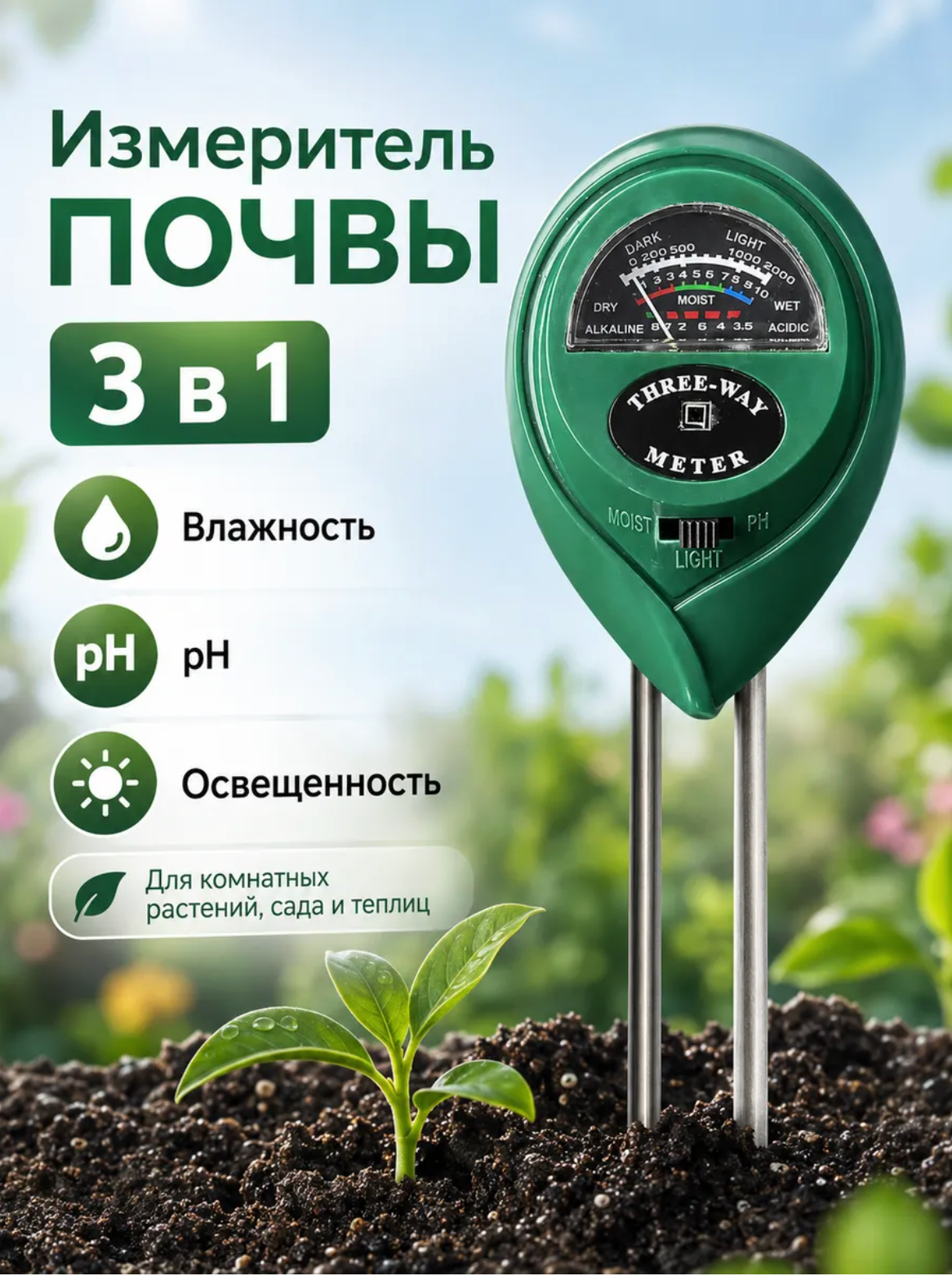 Измеритель почвы 3 в 1: влажность, pH, освещенности, детектор почвы