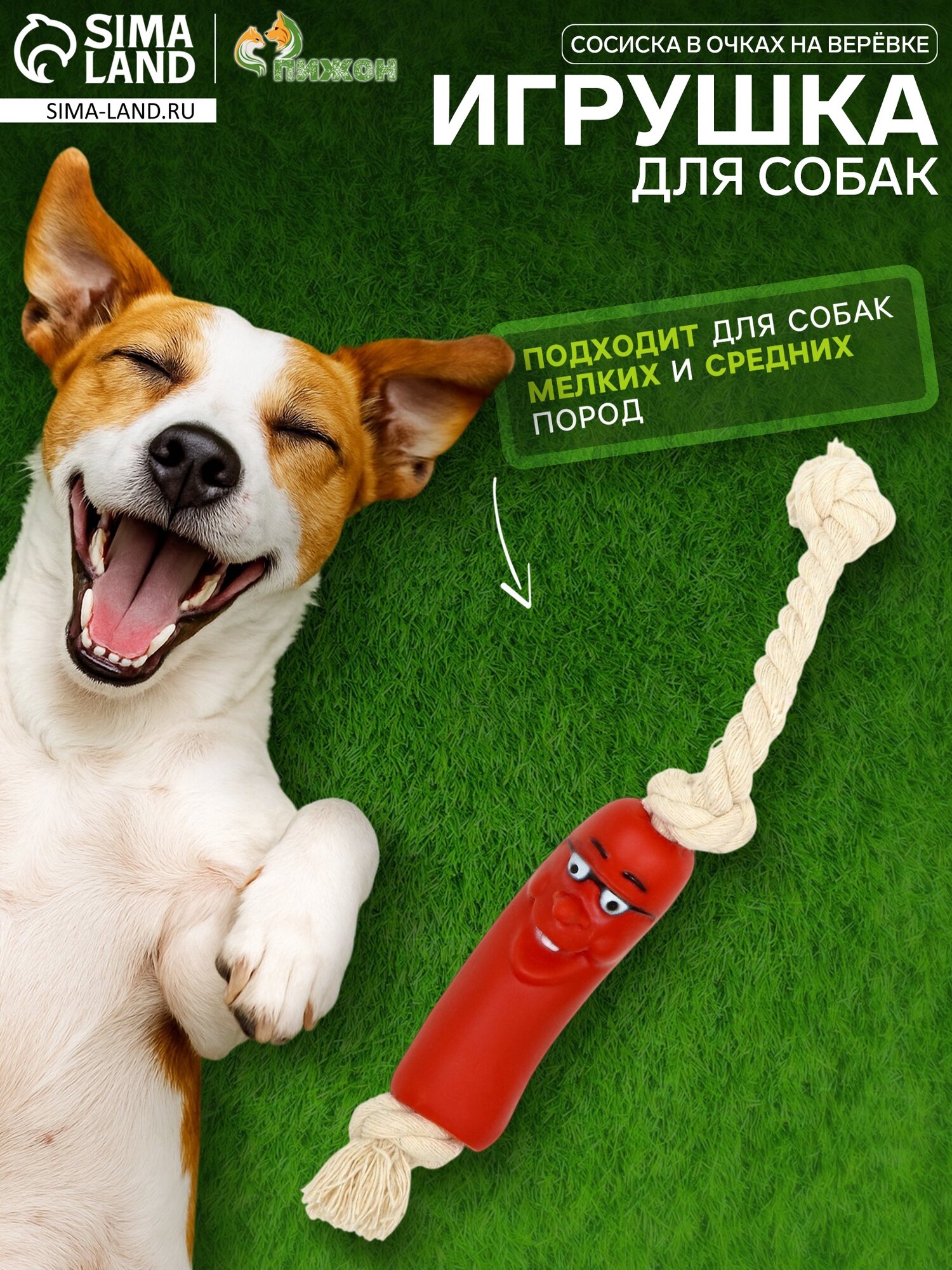 Игрушка Пижон "Сосиска в очках на верёвке" для собак, 14 см, белый/красный
