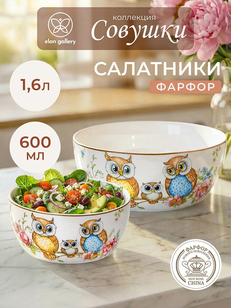 Набор 2 салатников - 600 мл 14*14*6 см + 1,7 л 20*20*7,5 см "Совушки" NEW BONE CHINA