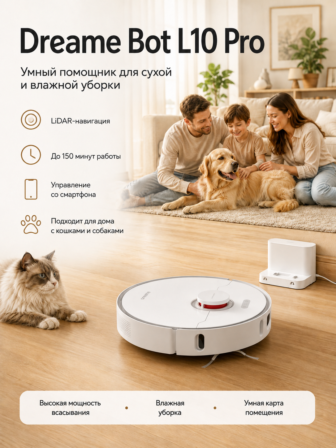 Dreame Bot L10 Pro робот-пылесос с LiDAR-навигацией, AI-картой, сухой и влажной уборкой, Wi-Fi, 150 минут работы для дома