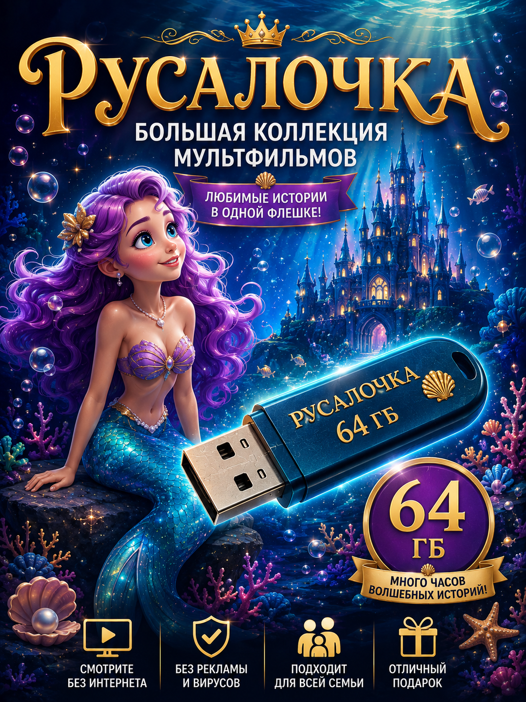 Русалочка - Золотая коллекция мультфильмов для детей USB 64 ГБ