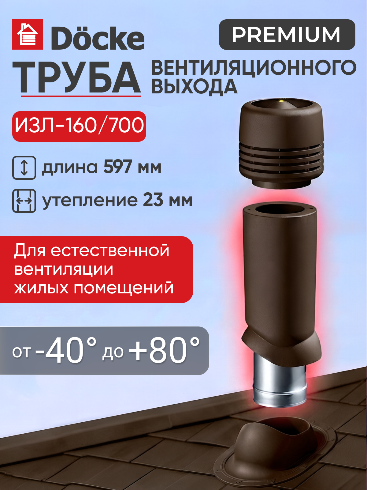 Труба вентиляционного выхода Docke PREMIUM, ИЗЛ-160/700, Тёмно-коричневый (RR32)