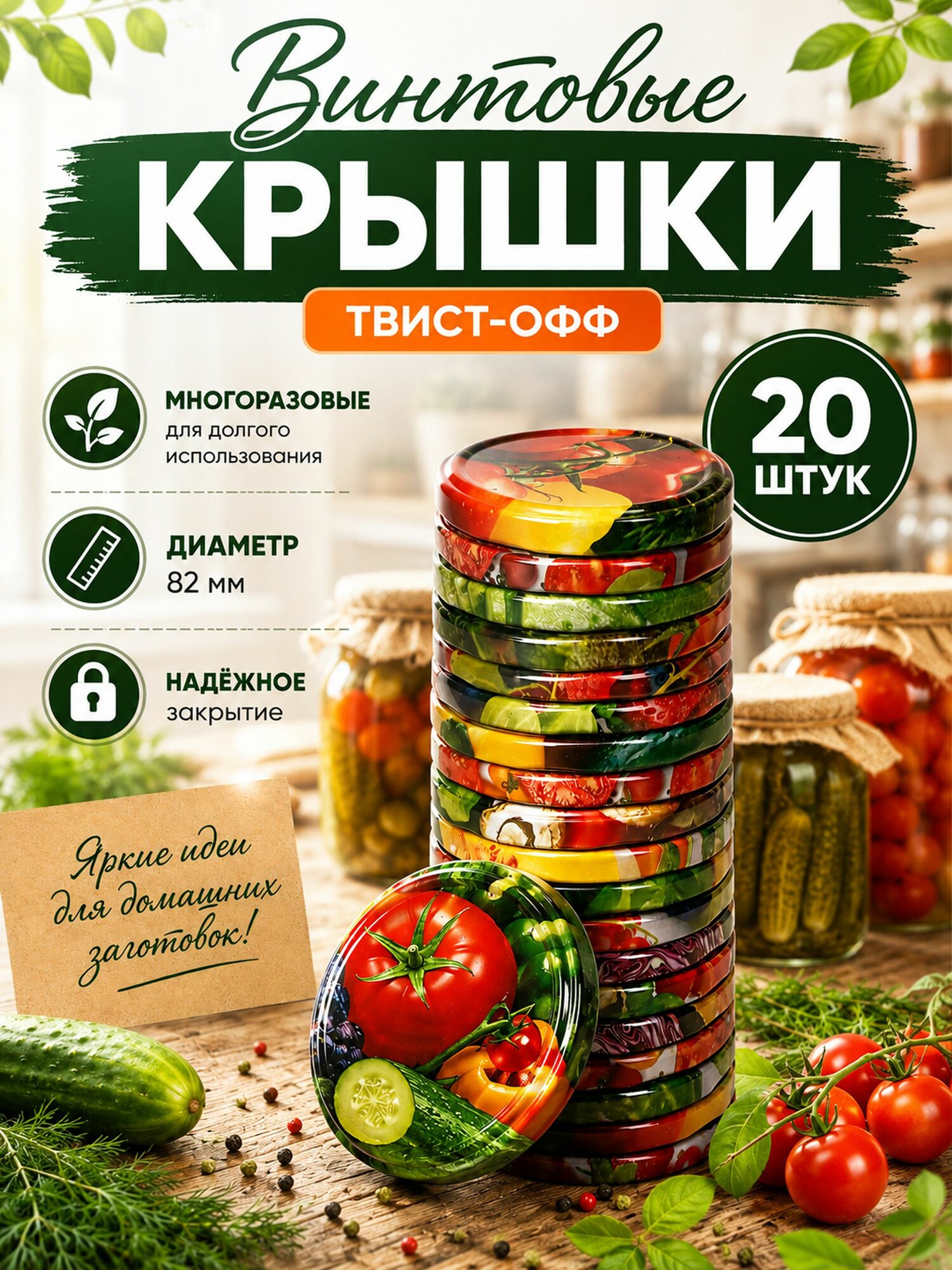 Крышки винтовые твист-офф для банок 82 мм (20 штук) КВ-02 многоразовые для закатывания и консервирования