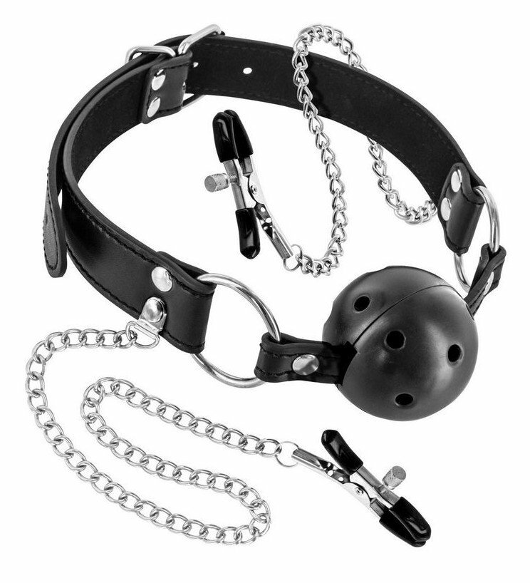 Кляп Fetish Tentation с шариком для рта и зажимами для сосков