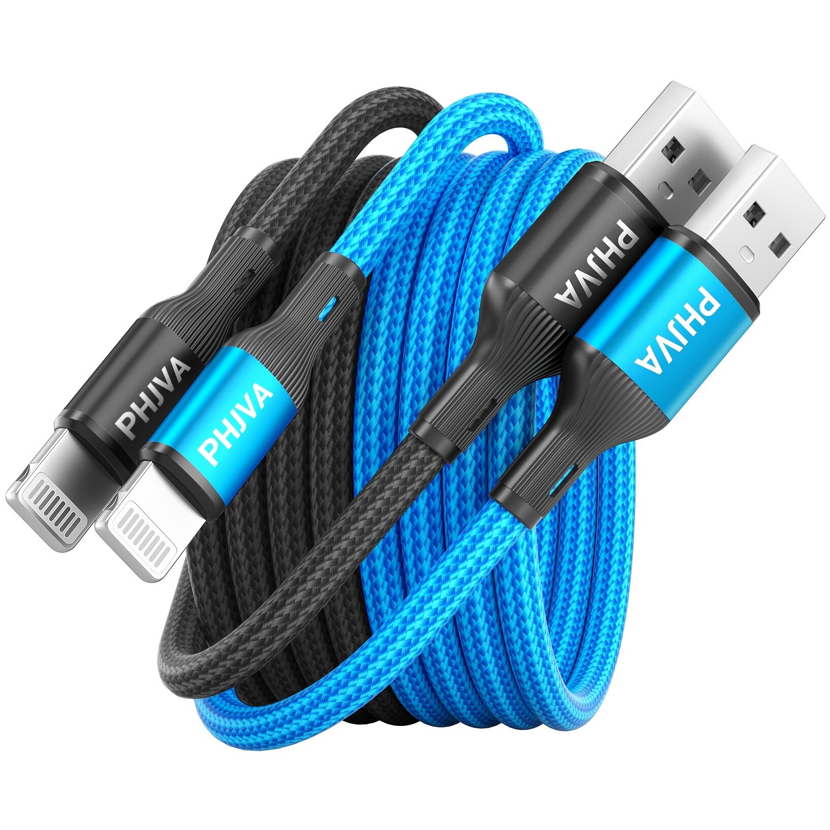 Кабель USB-A на Lightning для быстрой зарядки и передачи данных, 2 шт, длина 2 м, чёрно-синий