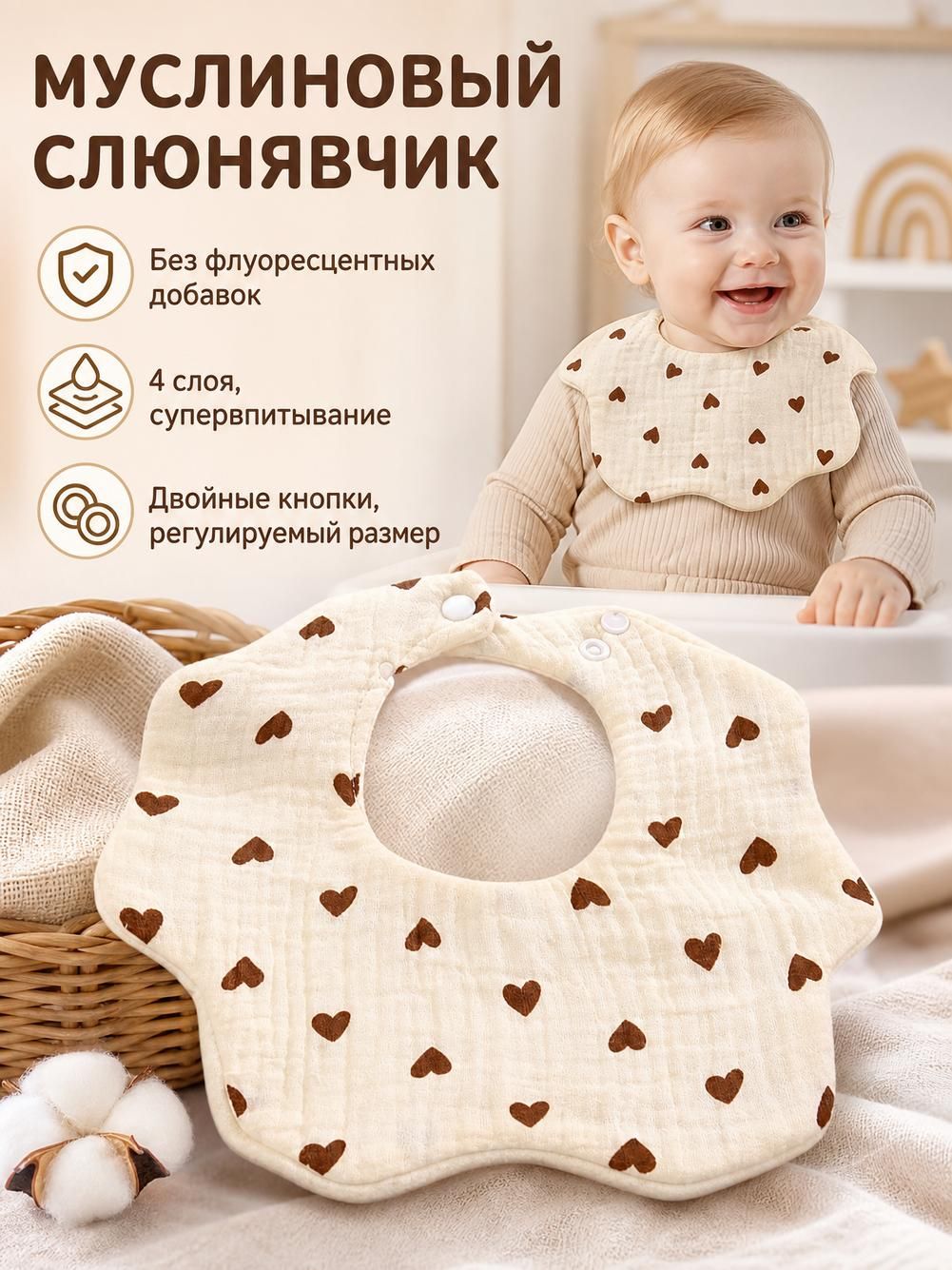 Слюнявчик легкий муслиновый, с рисунком, для новорожденных, 25x24 см