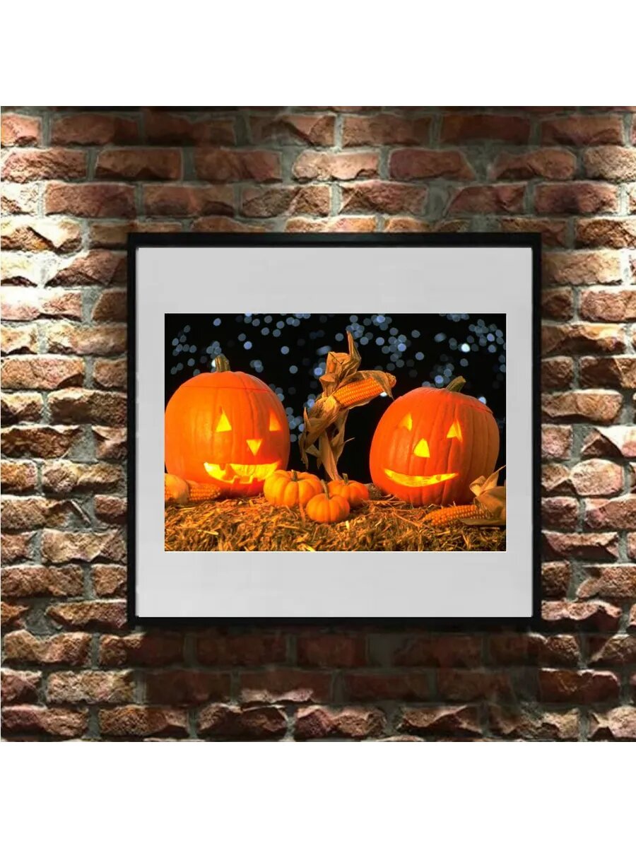 Плакат "Тыквы на траве" на Хэллоуин (Halloween) от