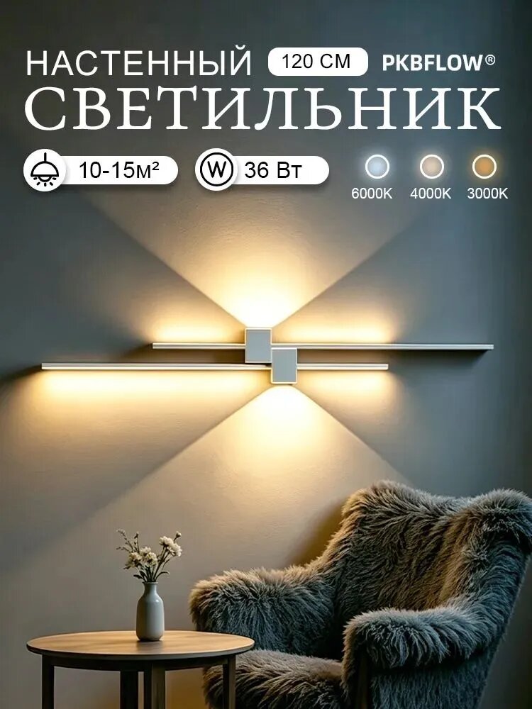 PKBFLOW Светильник настенный светодиодный, бра, белый, 120 см, трехцветный, 36 Вт, для гостиной, прихожей и балкона