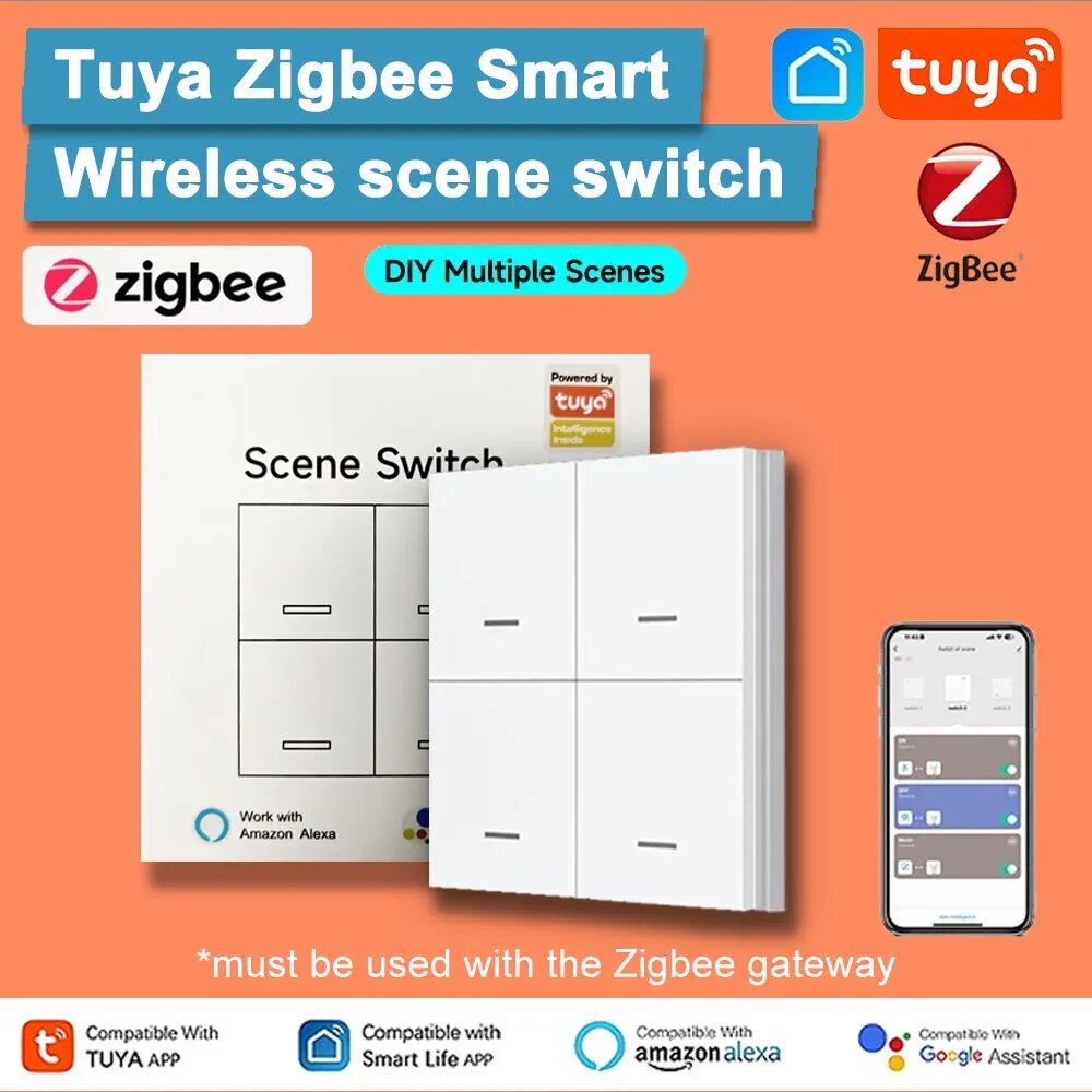 Умный беспроводной выключатель Tuya Zigbee 4 кнопки, питание от батареи, сценарии