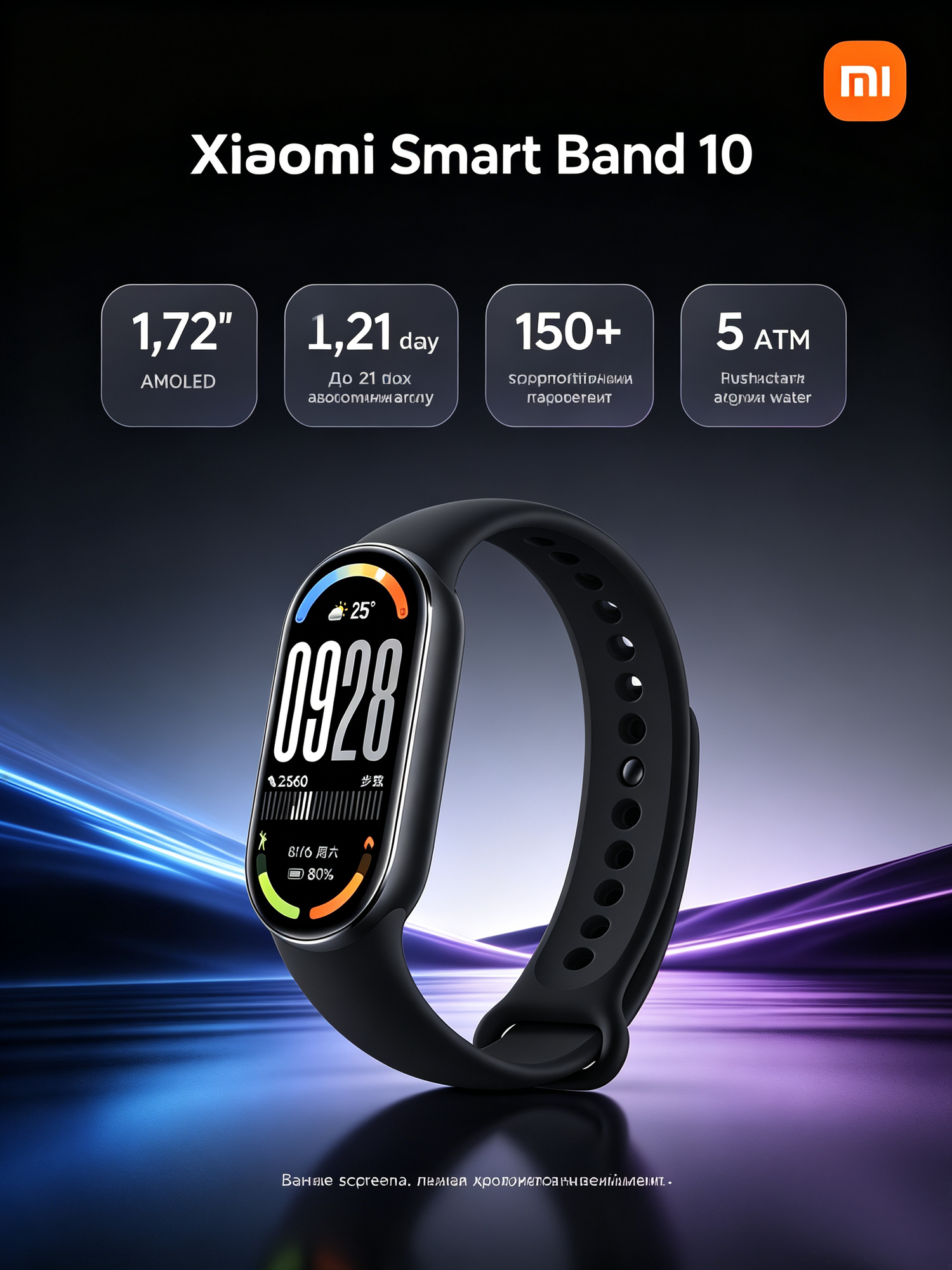 Умный браслет Xiaomi Smart Band 10, международная версия, цвет полуночно‑чёрный, дисплей AMOLED 1,72 дюйма