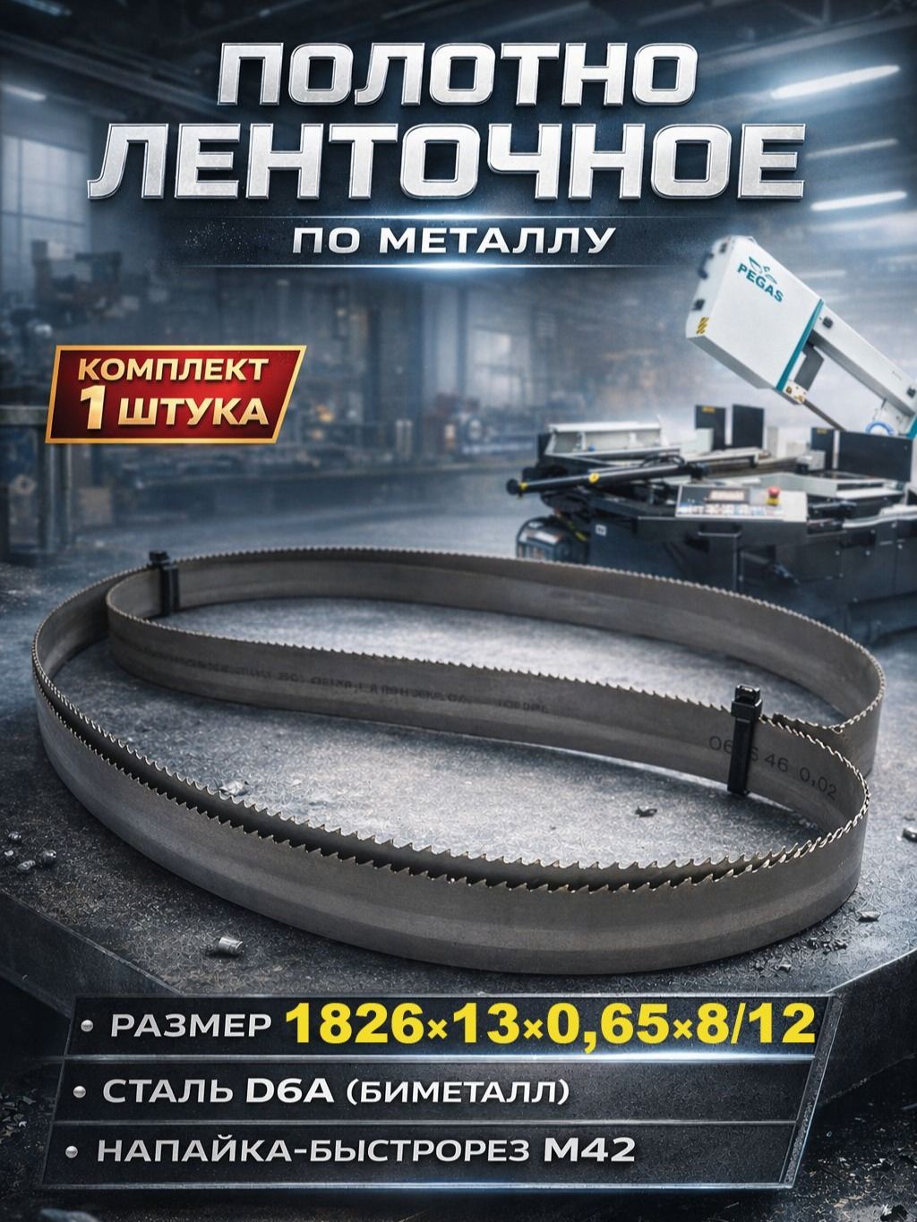 1 шт. Ленточная пила M42 1826х13х0,65x8/12 по металлу, высокопрочная сталь D6A (Bimetal)
