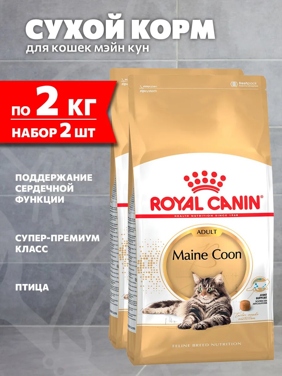Корм сухой Royal Canin Maine Coon Adult для взрослых кошек мэйн кун, 2 кг х 2 шт