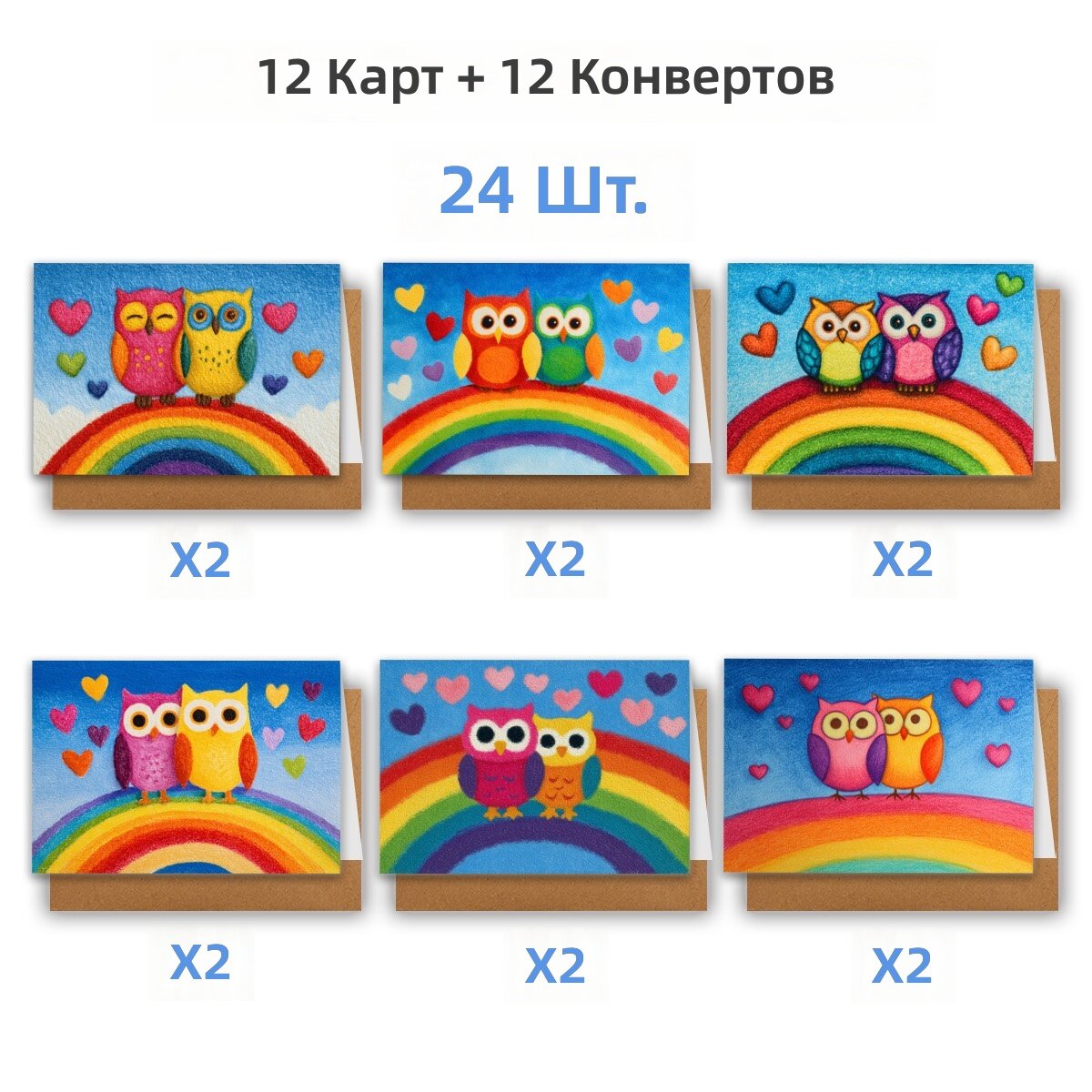 Поздравительные открытки с изображением двух сов и радуги, с конвертами, 24 шт.