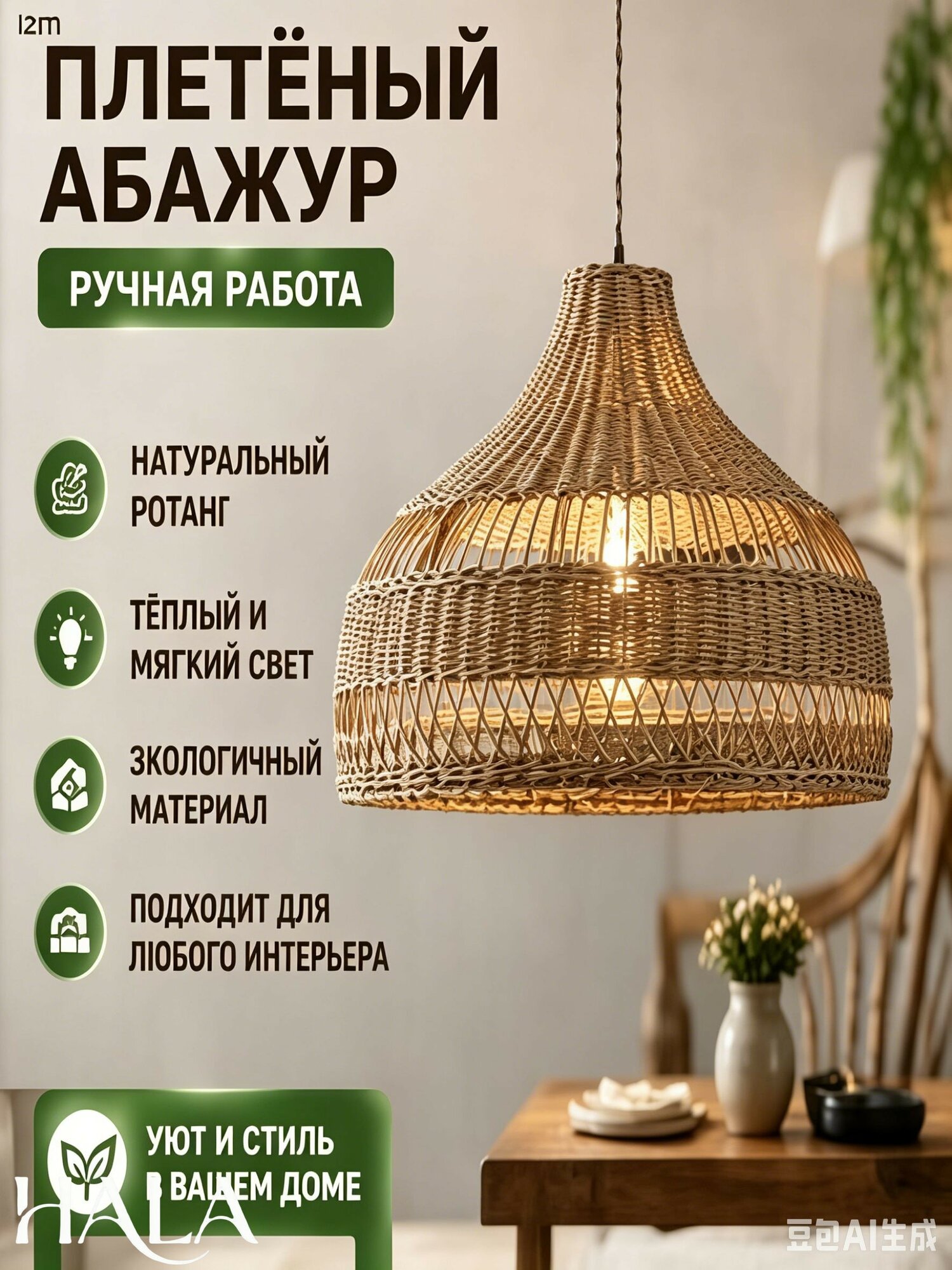 Плетеный абажур из ротанга со светильником, 40 см, для дома
