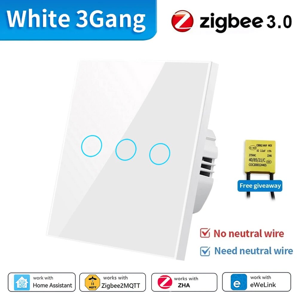 Умный выключатель Kayesmart ZigBee 3.0 1/2/3 клавиши Zigbee3.0 3 Gang