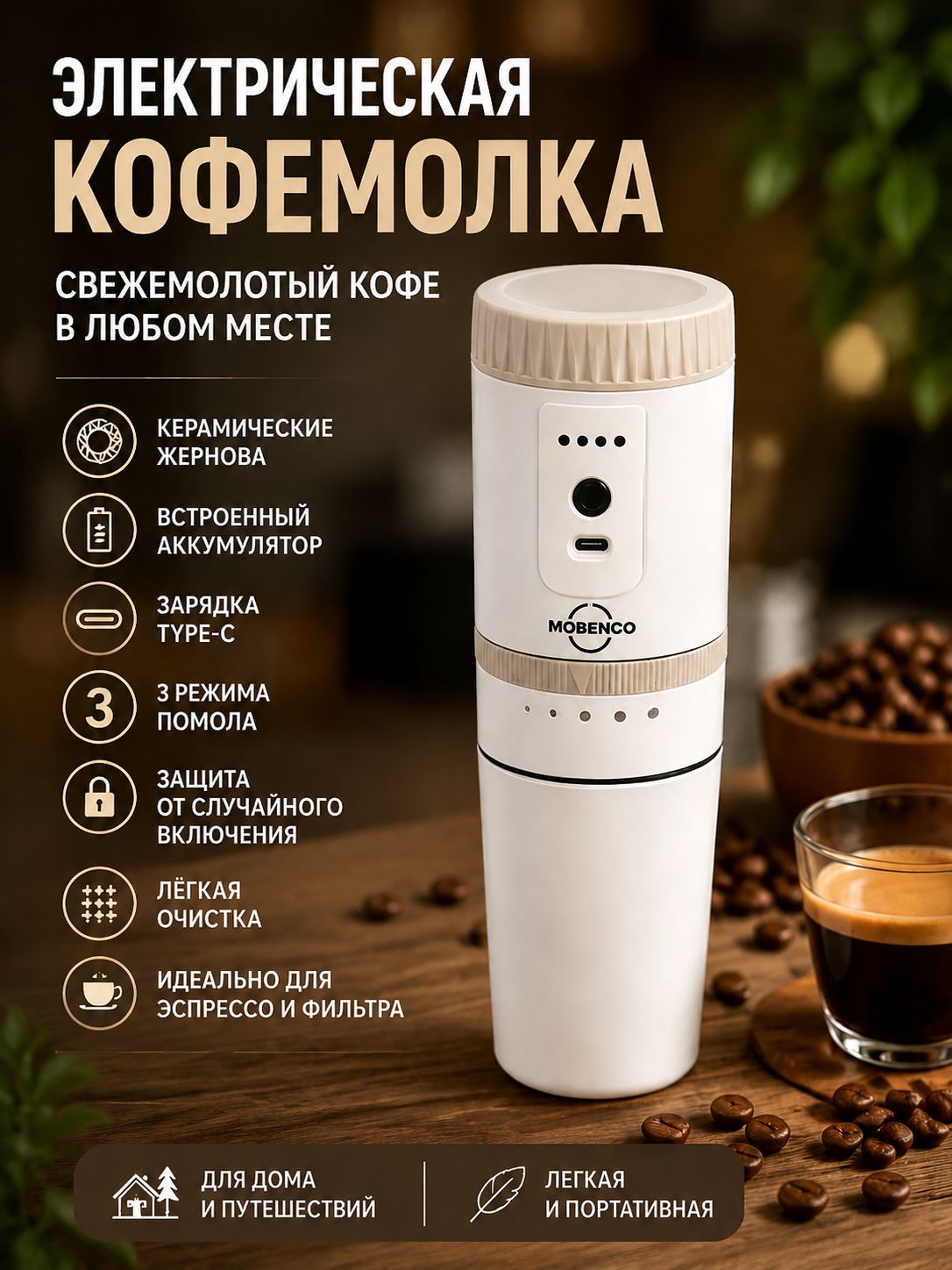 Компактная портативная кофемашина с зарядкой через USB. Без проводов, подходит для повседневного использования дома, в офисе, в поездках и на природе. Артикул C0229