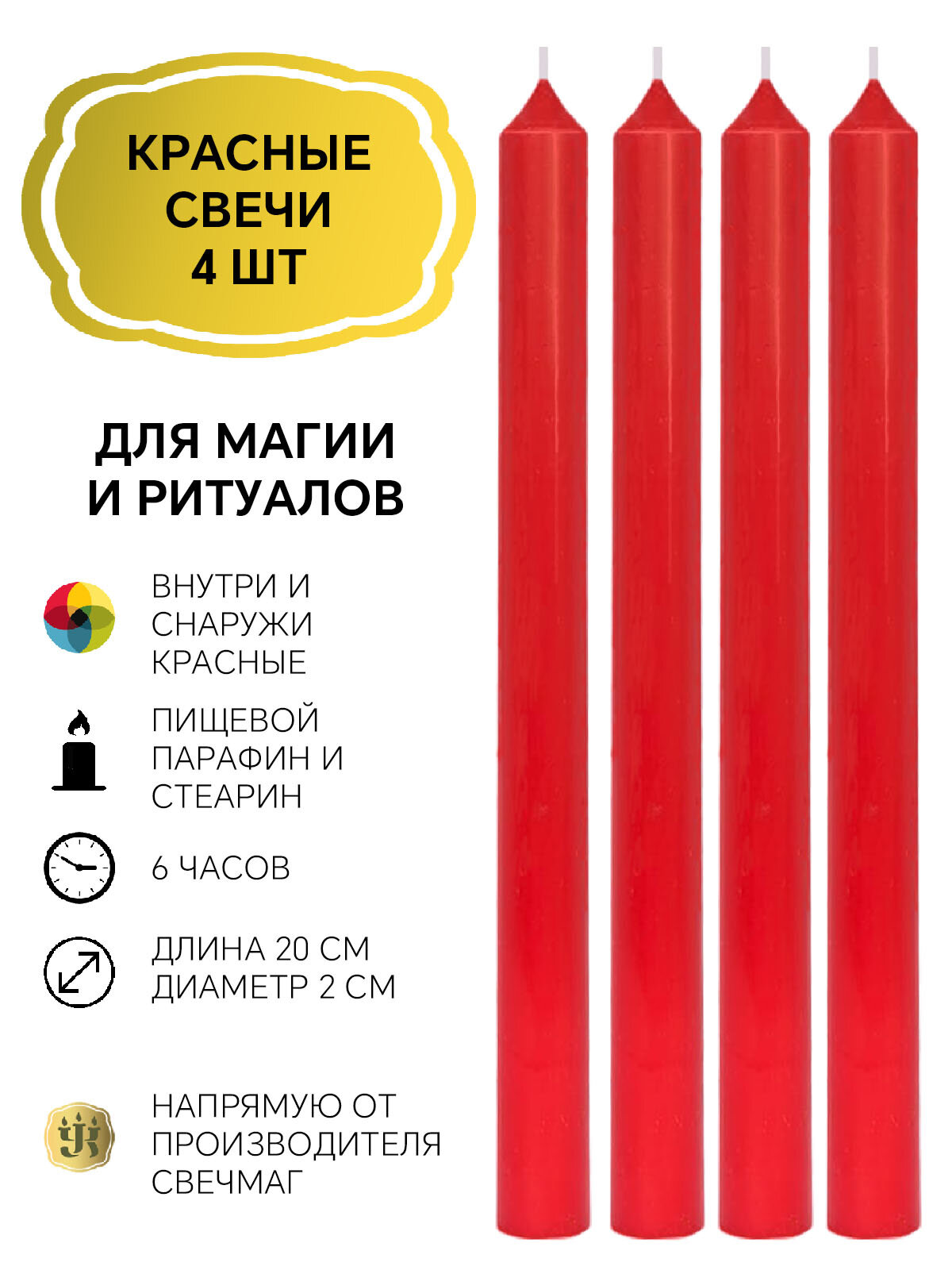 Свечи красные магические ритуальные, набор 4шт, Свечмаг