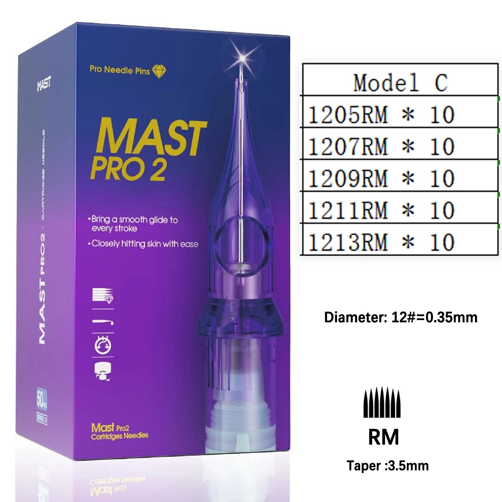 Иглы для тату Mast Pro 2, 50 шт, смешанные размеры 5-13RM, 0.35mm