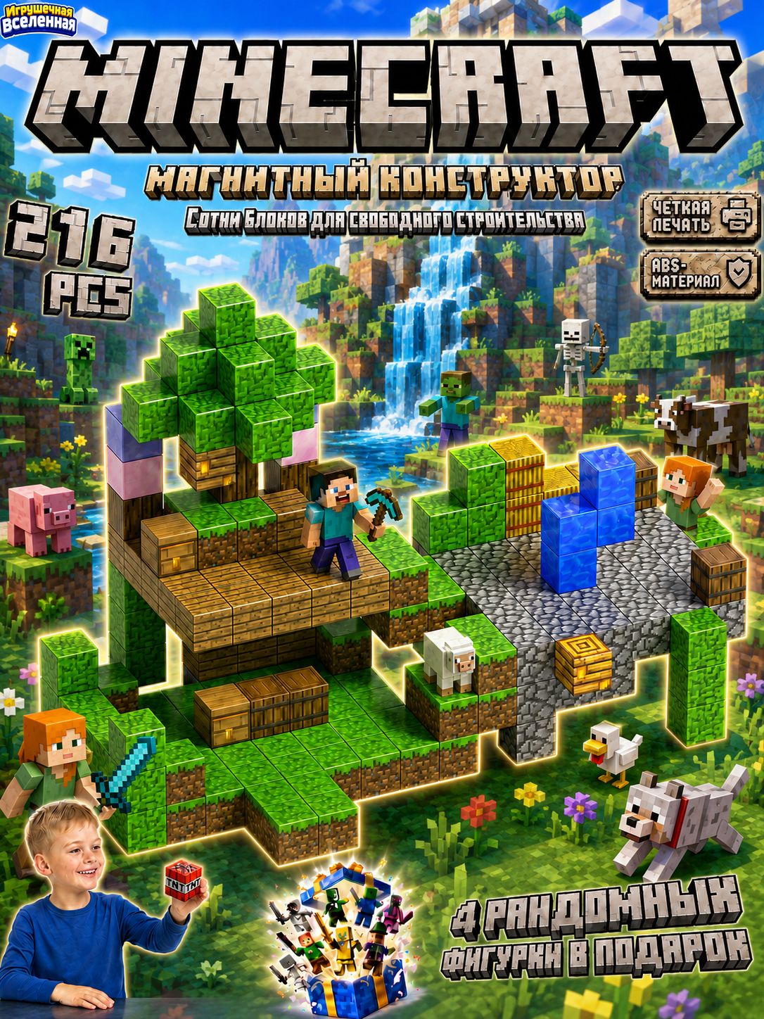 Магнитный конструктор, Майнкрафт, Minecraft, 216 кубиков, 4 фигурки, в цветной коробке, мозаики игрушечные