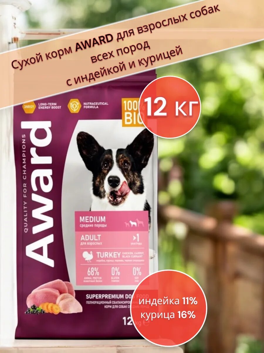 Сухой корм Award для взрослых собак с индейкой и курицей 12 кг