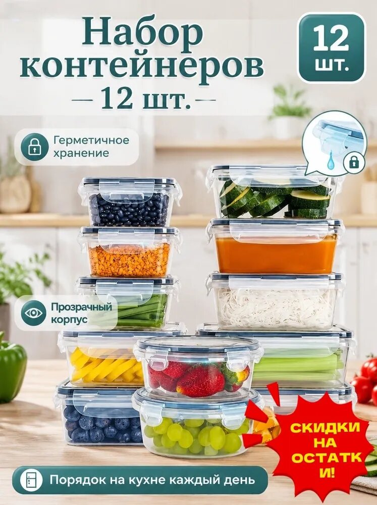 Контейнеры для еды герметичный набор 12 шт 240 мл, 350 мл, 550 мл, 840 мл и 1000 мл