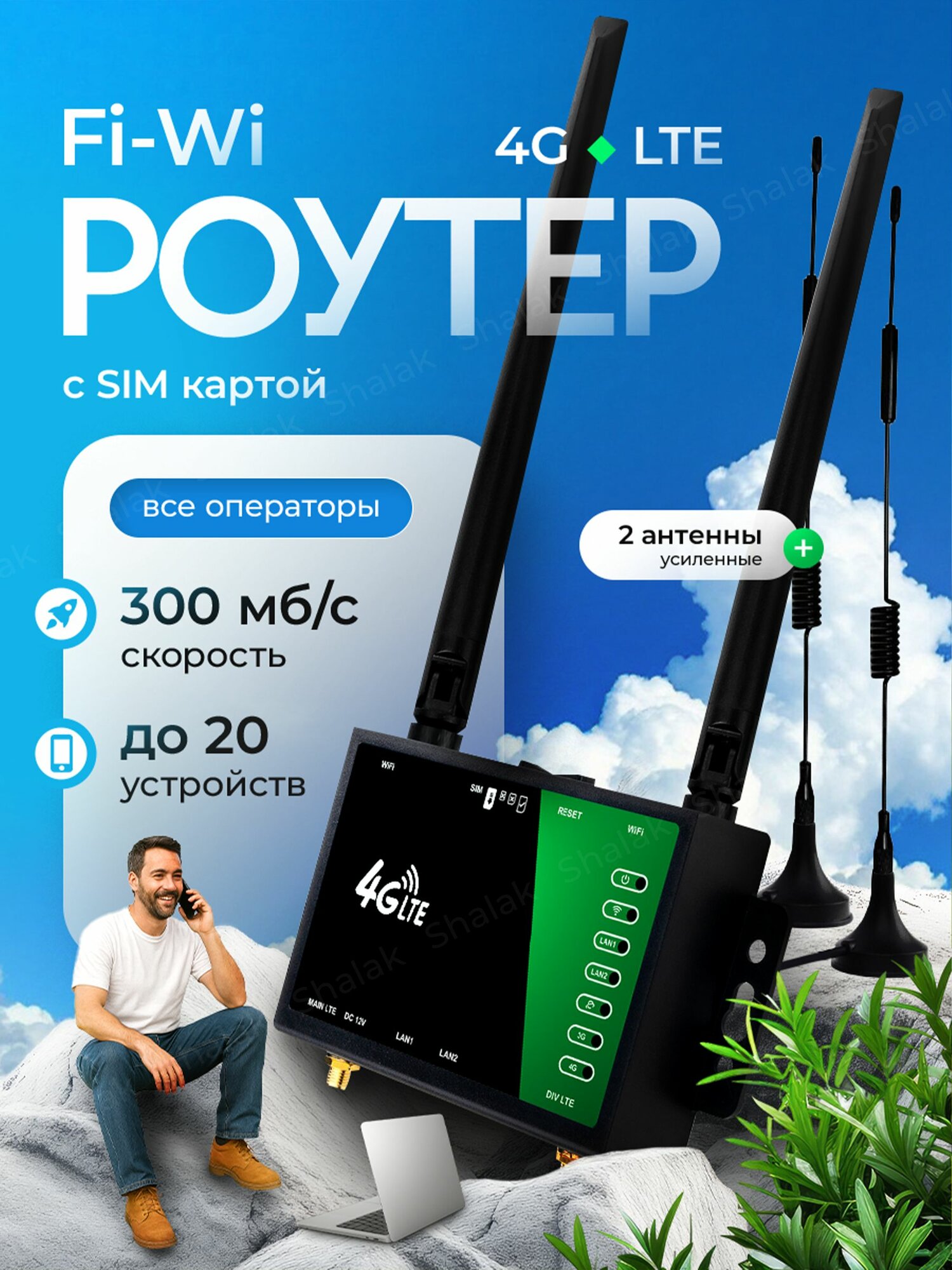 Роутер wi-fi с сим картой 4G LTE с 2 внешними выносными антеннами 210В