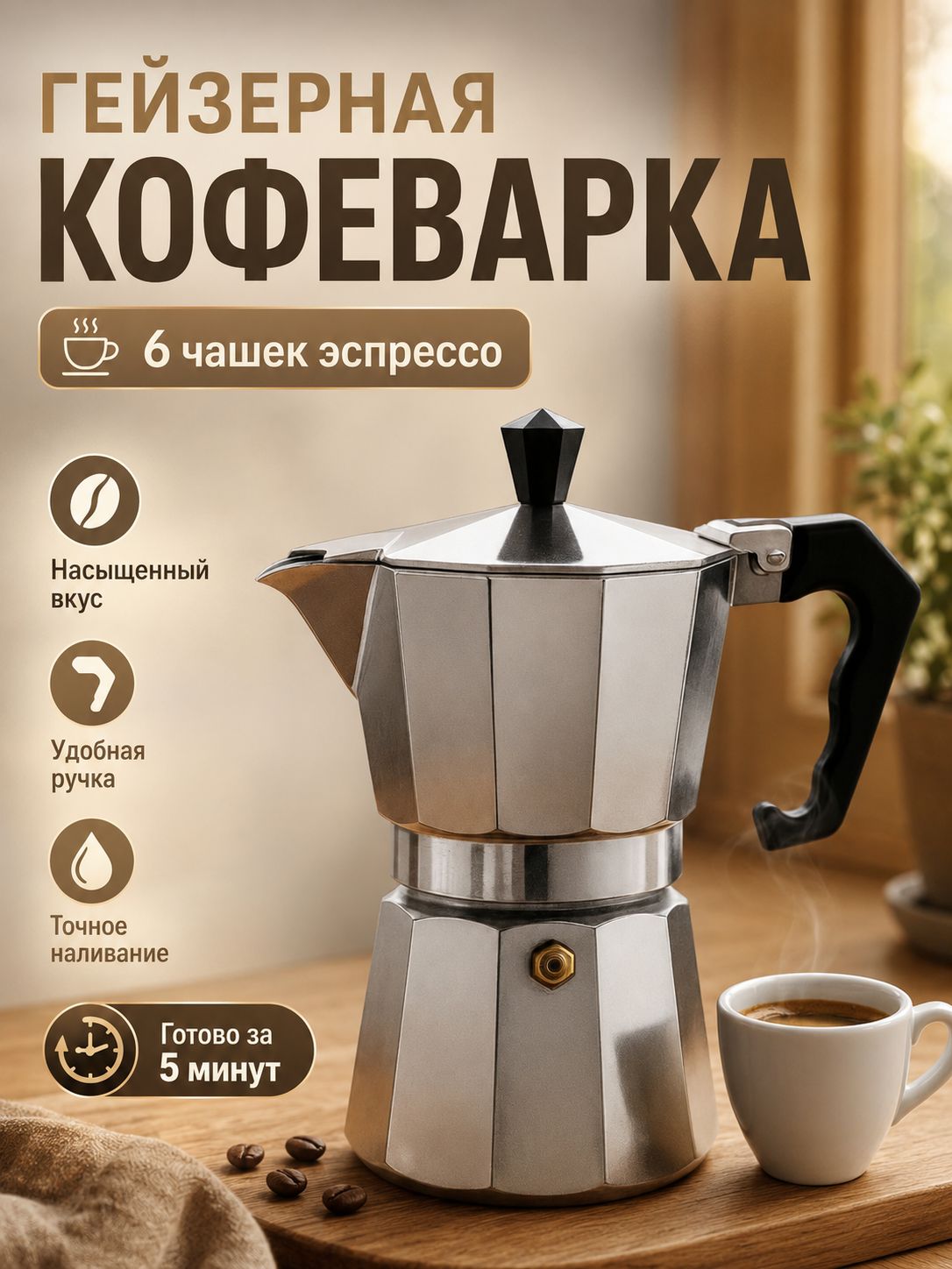 Гейзерная кофеварка на 6 чашек для эспрессо, кофейник мока для газовой и электрической плиты