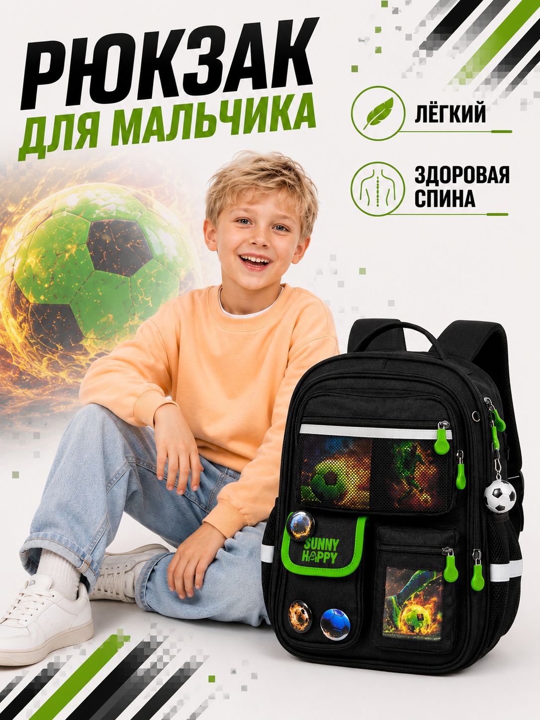 Рюкзак школьный для мальчика начальной школы + брелок, Sunny Happy (Санни Хэппи)