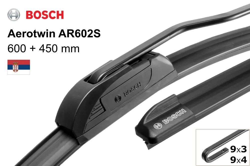 Щетки стеклоочистителя Bosch Aerotwin AR602S (3397014421), бескаркасные, 600мм + 450мм, 2 шт, Крючок 9x3/9x4, для Mazda 6, Lexus IS, Opel Insignia