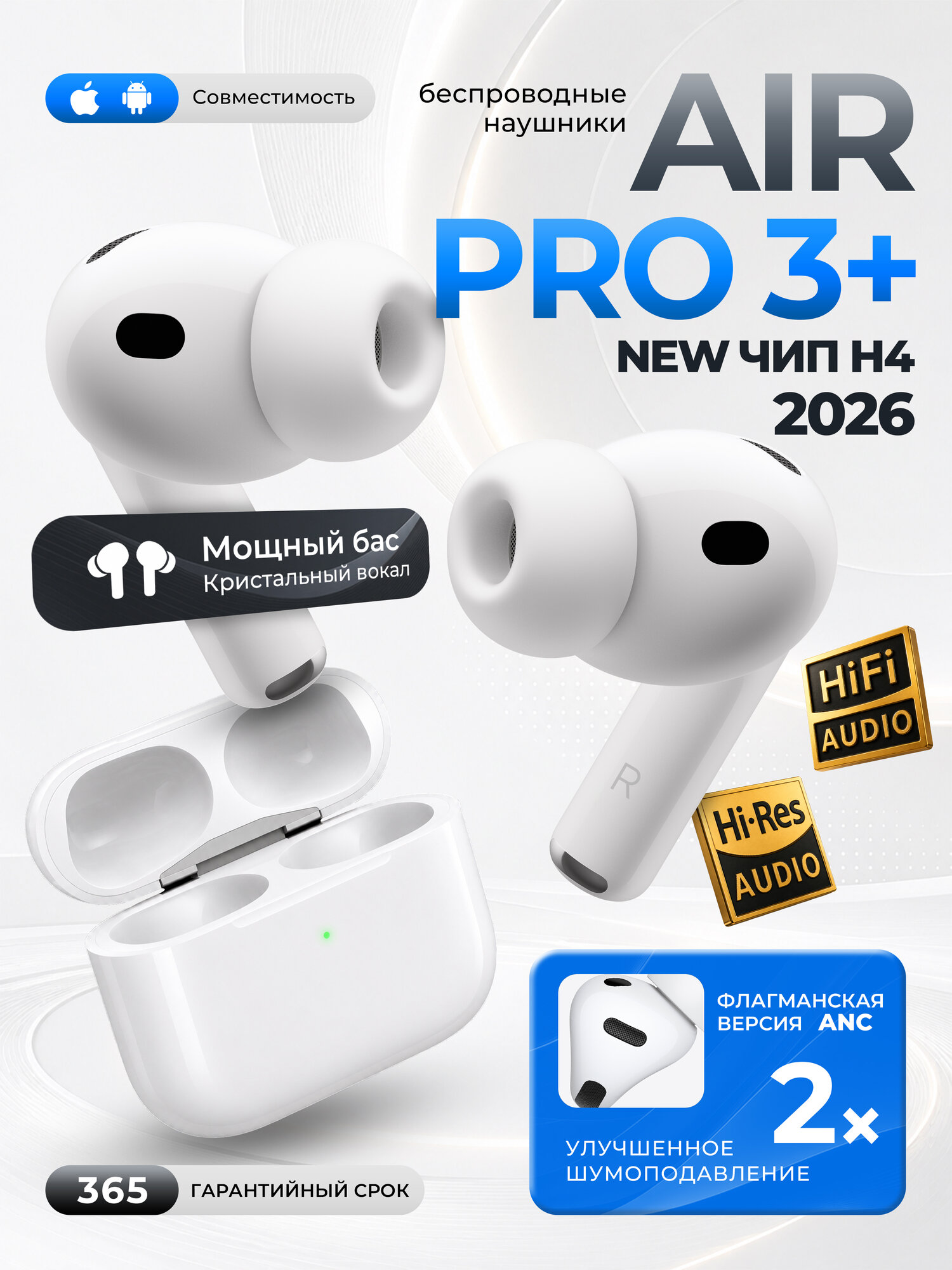 Наушники беспроводные Air Pro 3+ для телефона, для айфон и андроид, с микрофоном и шумоподавлением