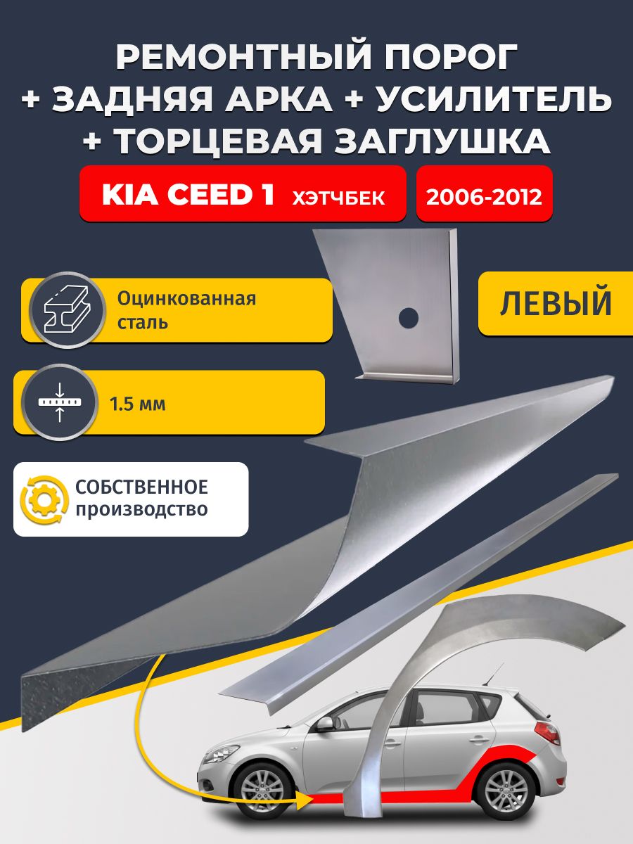 Левая ремонтная задняя арка (0,8 мм) и левый стандартный ремонтный порог + торцевая заглушка + усилитель, на Kia Ceed 1 2006-2012 хэтчбек 5 дв. (Киа Сид 1). Оцинкованная сталь 1,5 мм