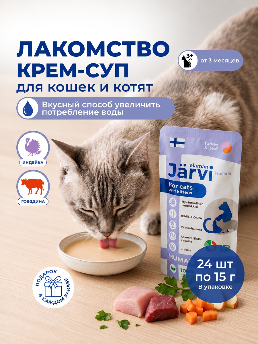 Лакомства Jarvi для кошек и котят "Крем-суп с мясом индейки и говядины", 15 г х 24 шт.