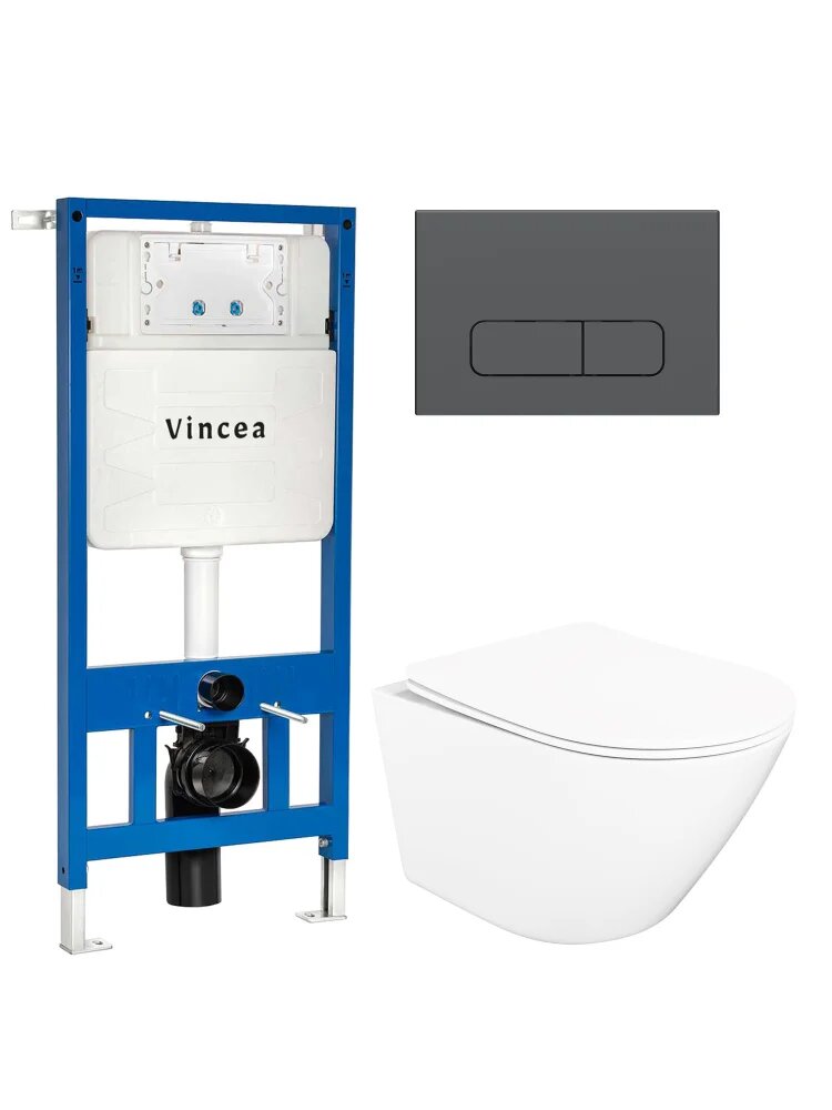 Комплект 4 в 1: Инсталляция Vincea VIS-601 / Унитаз подвесной STWORKI Левангер S07401WH безободковый, с микролифтом / Кнопка VFP-002GM, вороненая сталь, Комплект