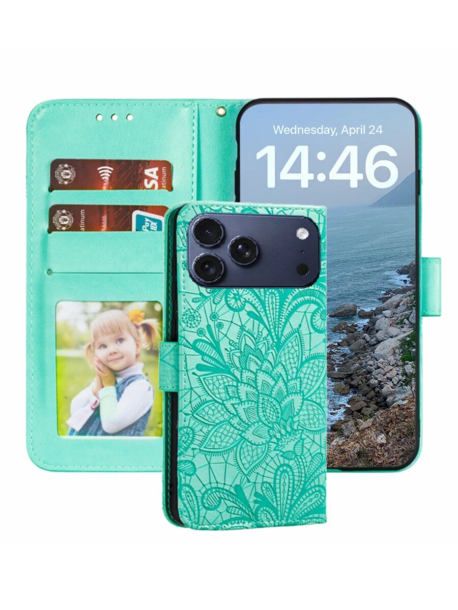 Кожаный чехол-бумажник для iPhone 18 17 Pro Max 16 15 Plus 13 14 Айфон 13 Про Макс, Зеленый, зеленый