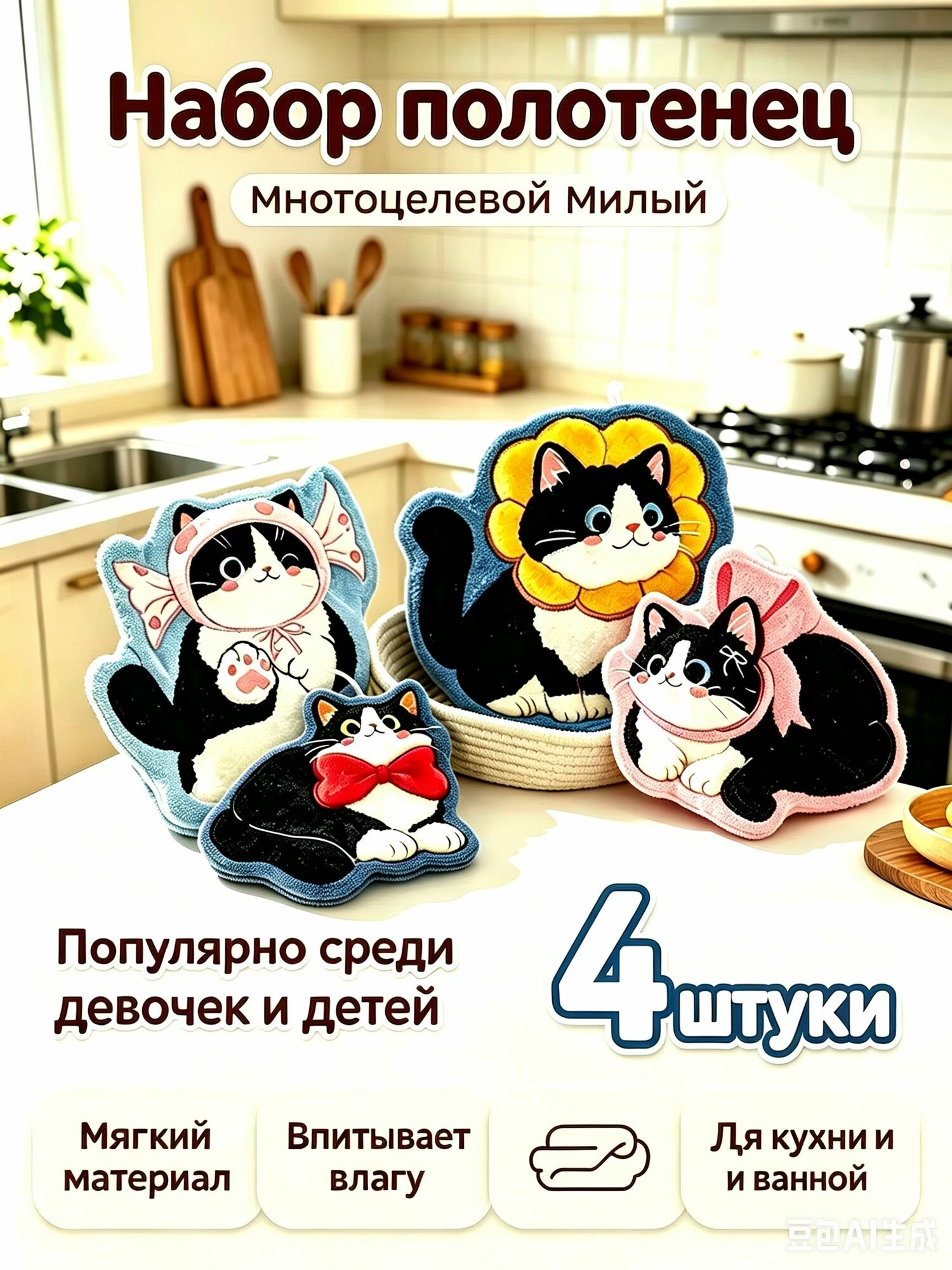 Полотенце кухонное 24x24, 24x27 4 шт шенилловая фактура корал-флис белый