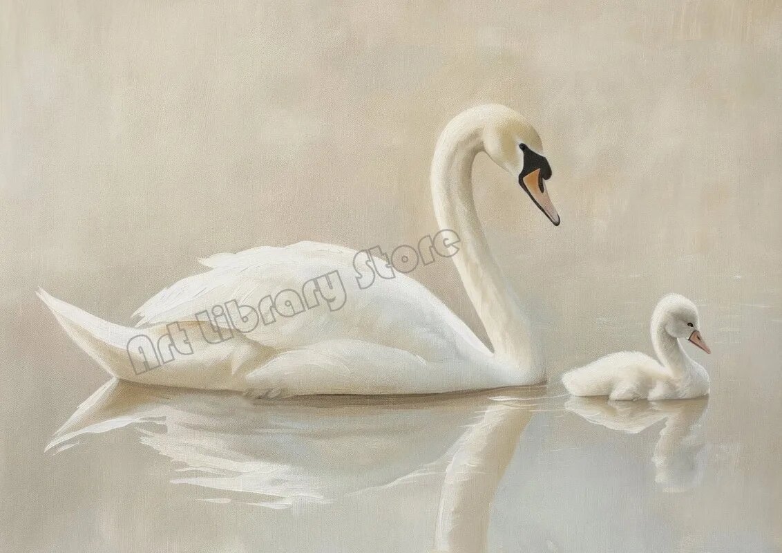 Винтажный постер с лебедем и лотосом на холсте 2, 60X90cm Unframed