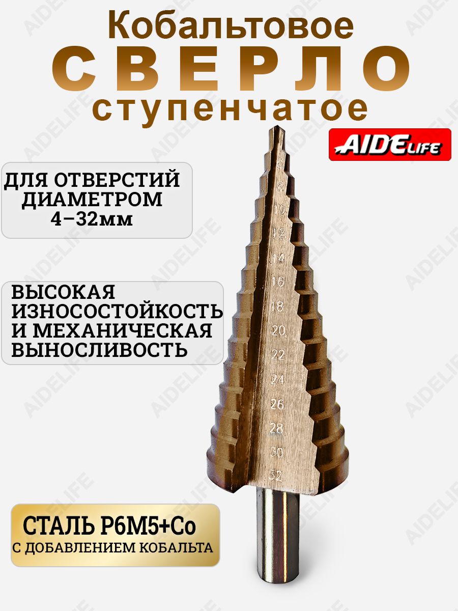Сверло ступенчатое по металлу кобальтовое 4-32 мм
