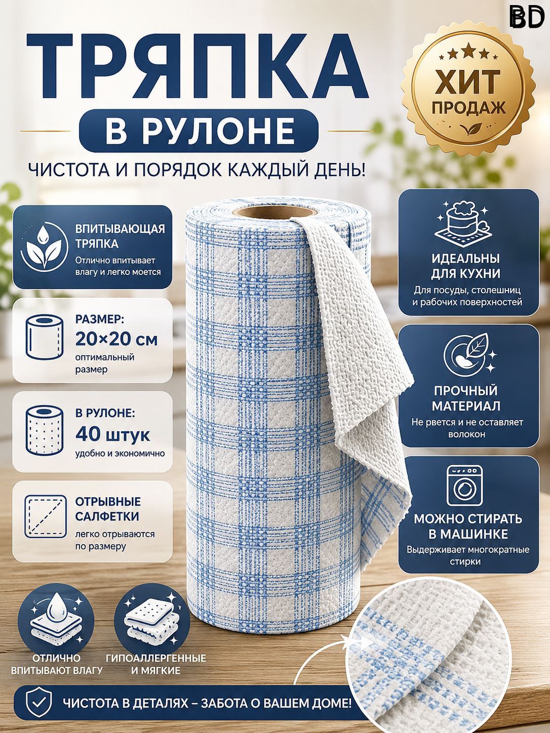 Салфетки для уборки, Синяя белая клетка, 19*20 см, 40 шт.
