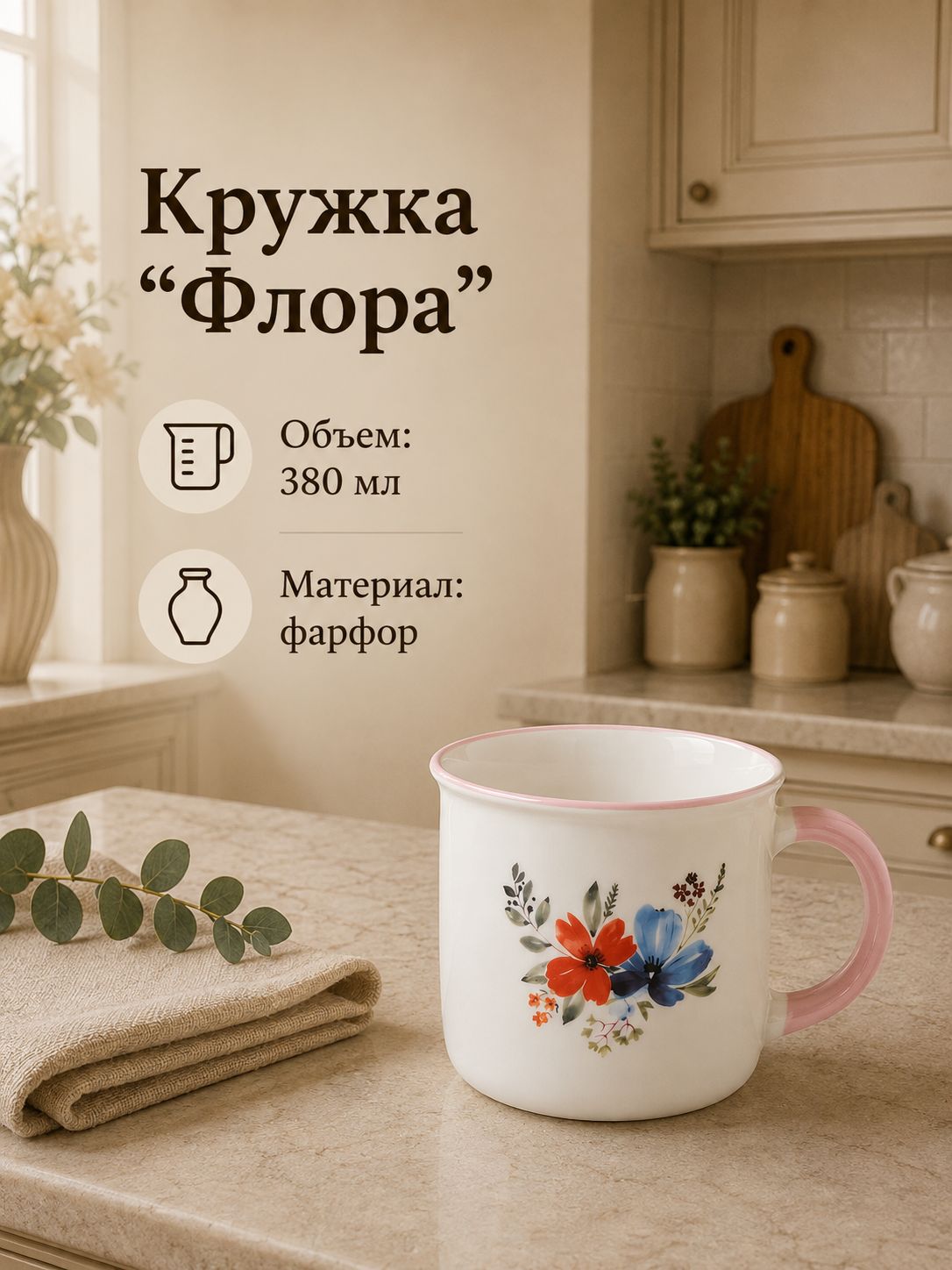 Кружка TODELIA "Флора", розовая ручка, 380 мл, костяной фарфор