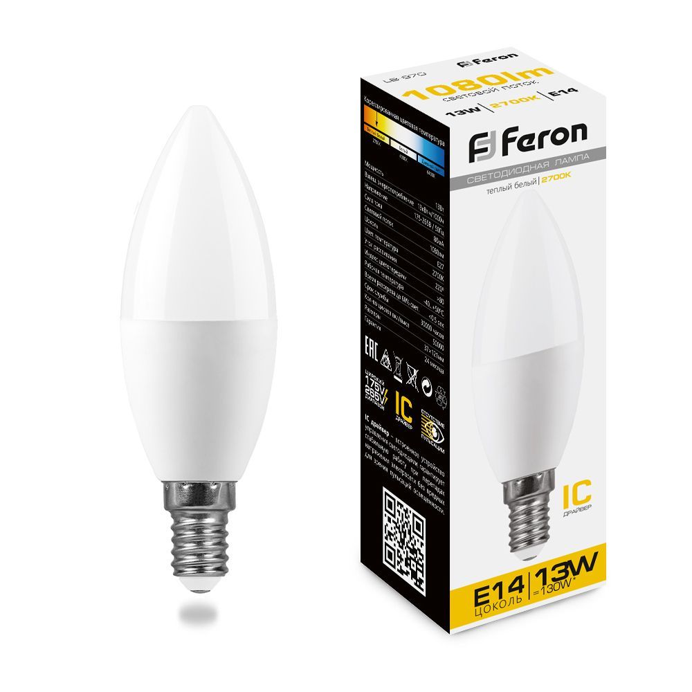Лампа светодиодная Е14 мощность 13W цвет 2700K теплый белый свет Feron LB-970 38107 Упаковка 10 штук