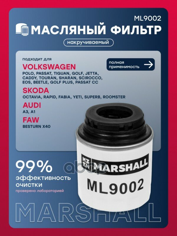 Масляный фильтр, применяется на Skoda Fabia II, с 2007 года. MARSHALL арт. ML9002