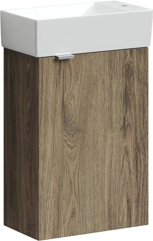 Тумба с раковиной Sancos Mini 35 R подвесная, 37, 5 см, светлое дерево, матовая, из ЛДСП, с дверками, раковина для ванной фарфоровая, прямоугольная