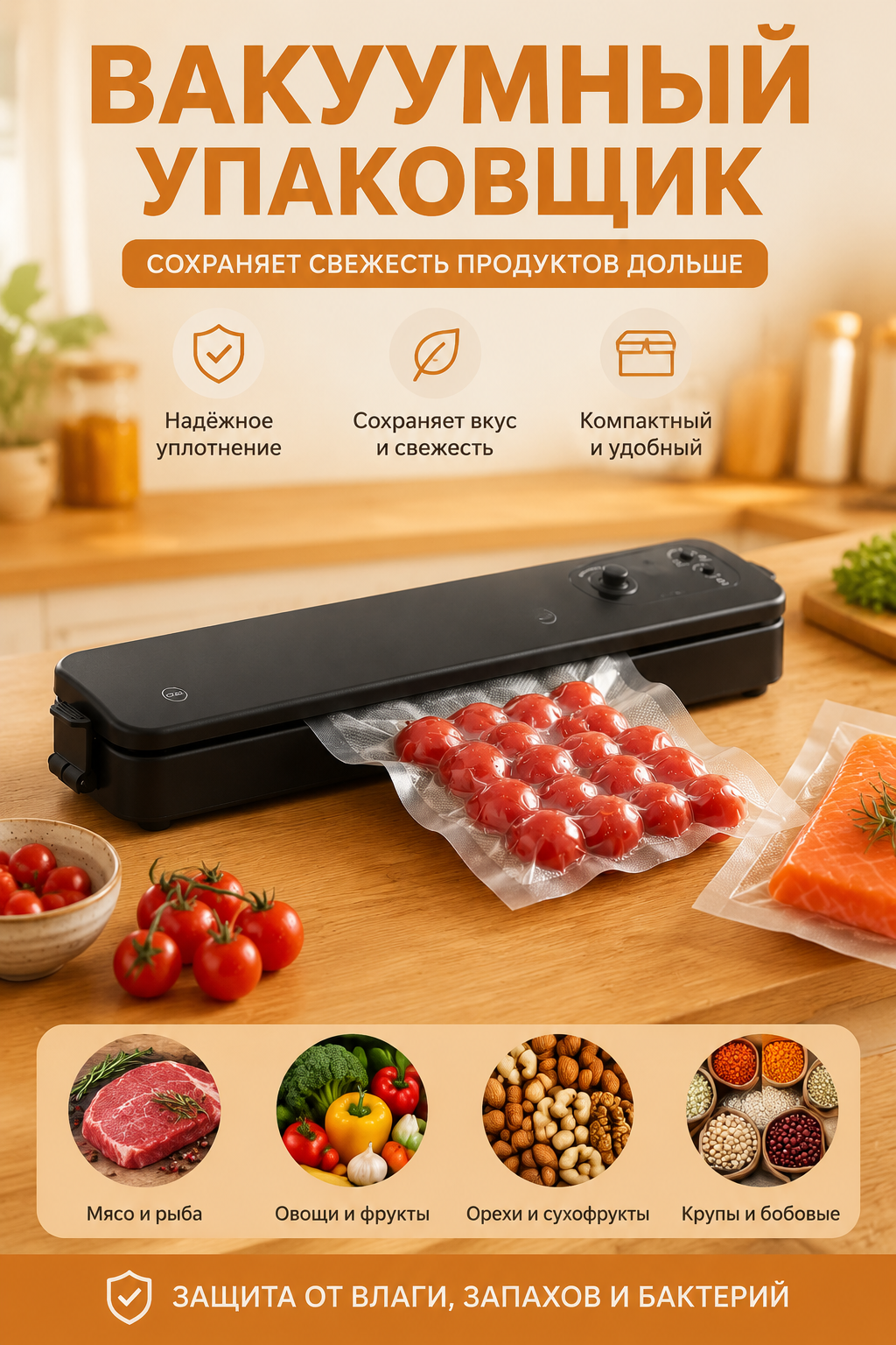 Вакуумный упаковщик для продуктов, компактный, с вакуумными пакетами, черный матовый